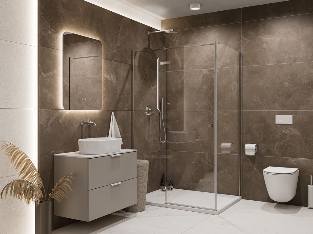 Nowoczesna łazienka w brązowymi płytkami Cerrad - Domni.pl