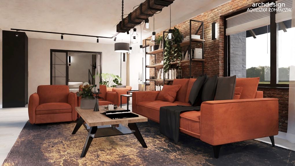 Loftowy salon z kanapą w kolorze pomarańczowym - Domni.pl