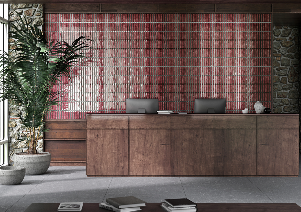 Recepcja hotelowa z płytkami Azario Donimo Cobre - Domni.pl