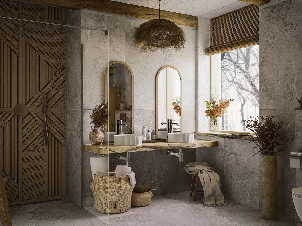 Łazienka balijska ze strukturami drewna i kamienia - Domni.pl