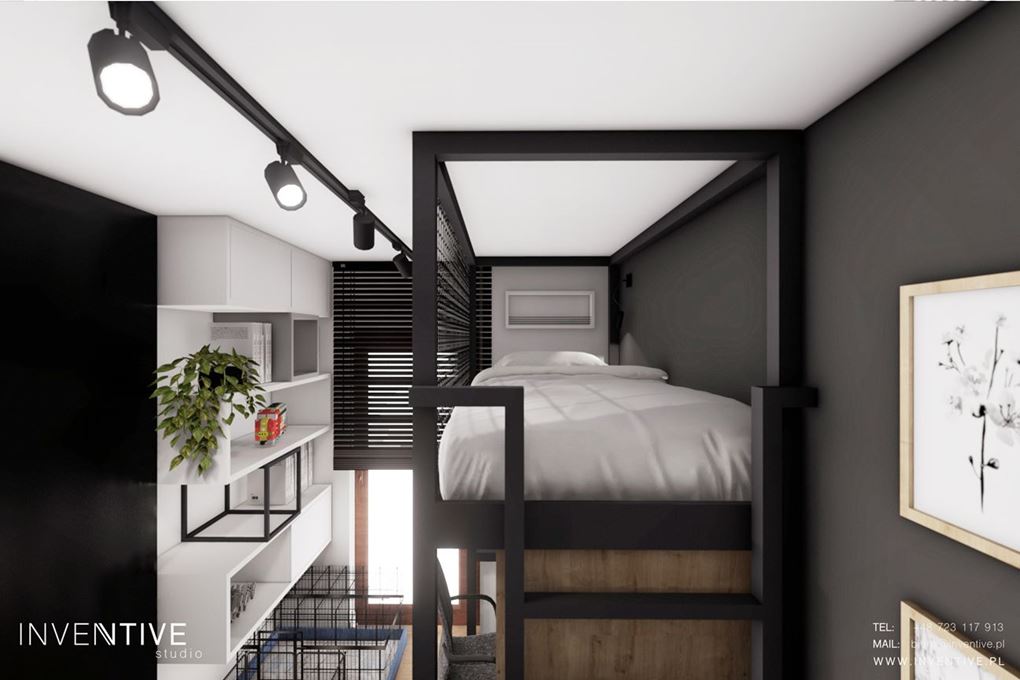Antresola z łóżkiem na czarnej konstrukcji - Domni.pl