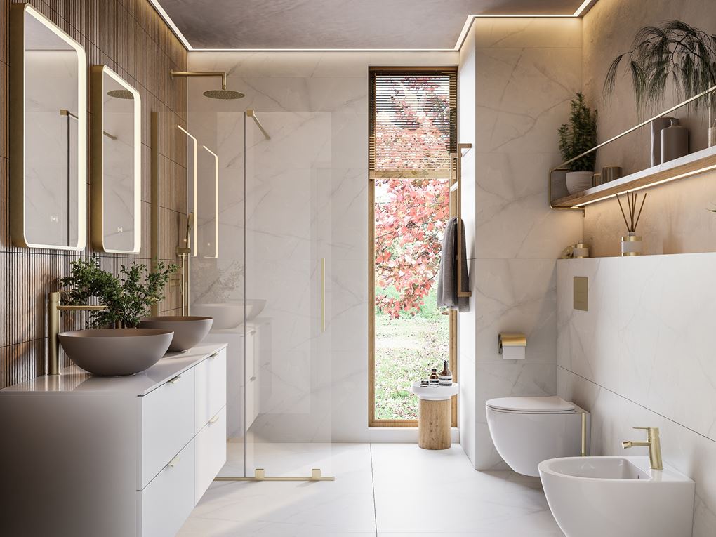 Biały kamień i drewno - łazienka glamour - Domni.pl