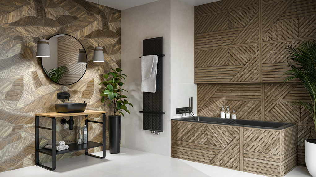 Strukturalne płytki Azario Studio w aranżacji łazienki - Domni.pl