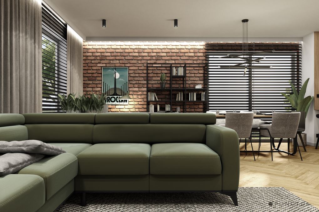 Salon w stylu loftowym z cegłą na ścianie - Domni.pl