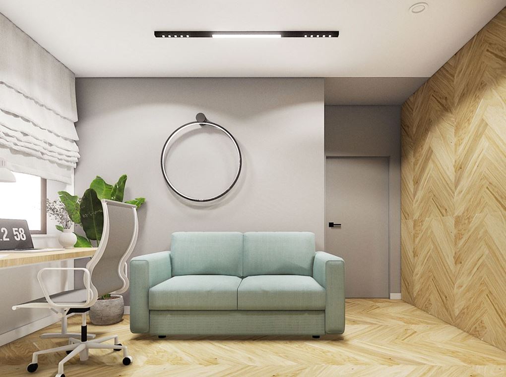 Szare biuro z jasną jodełką na podłodze i ścianie - Domni.pl