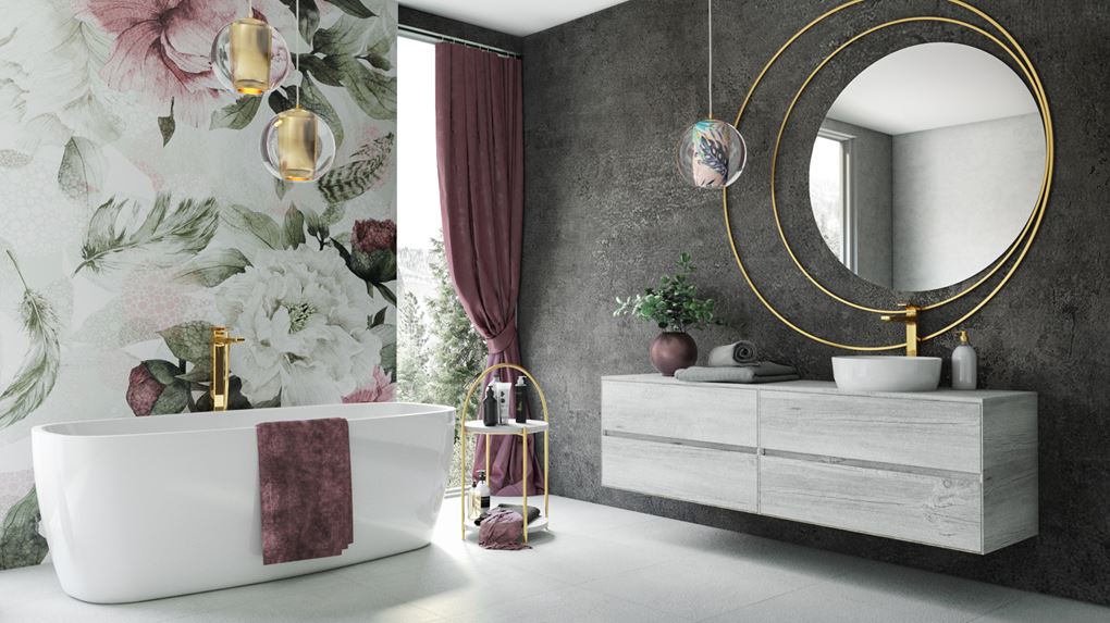 Florystyczny akcent w łazience glamour - Domni.pl