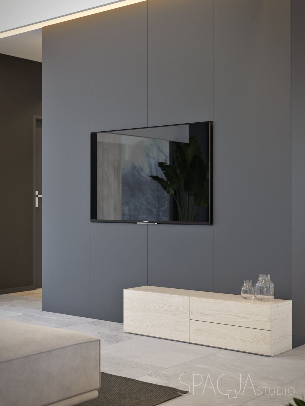 Szara ścianka RTV w salonie - Domni.pl