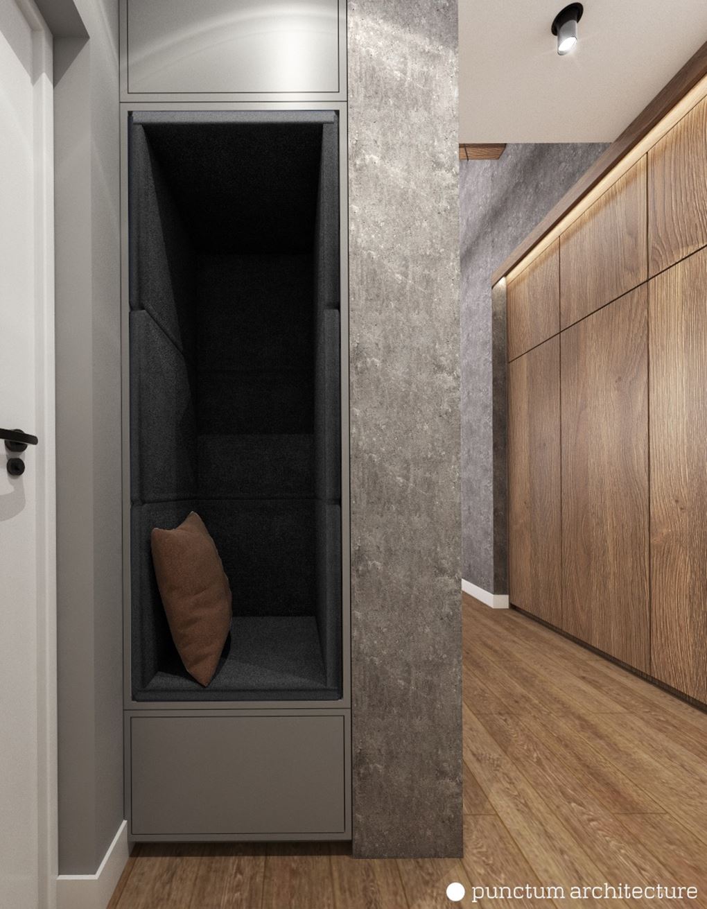 Wąska wnęka w zabudowie z siedziskiem tapicerowanym - Domni.pl