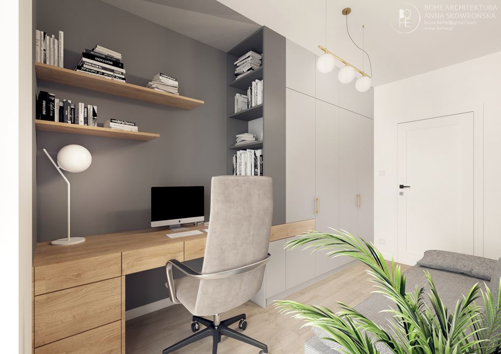 Gabinet w szarości z drewnianym biurkiem - Domni.pl
