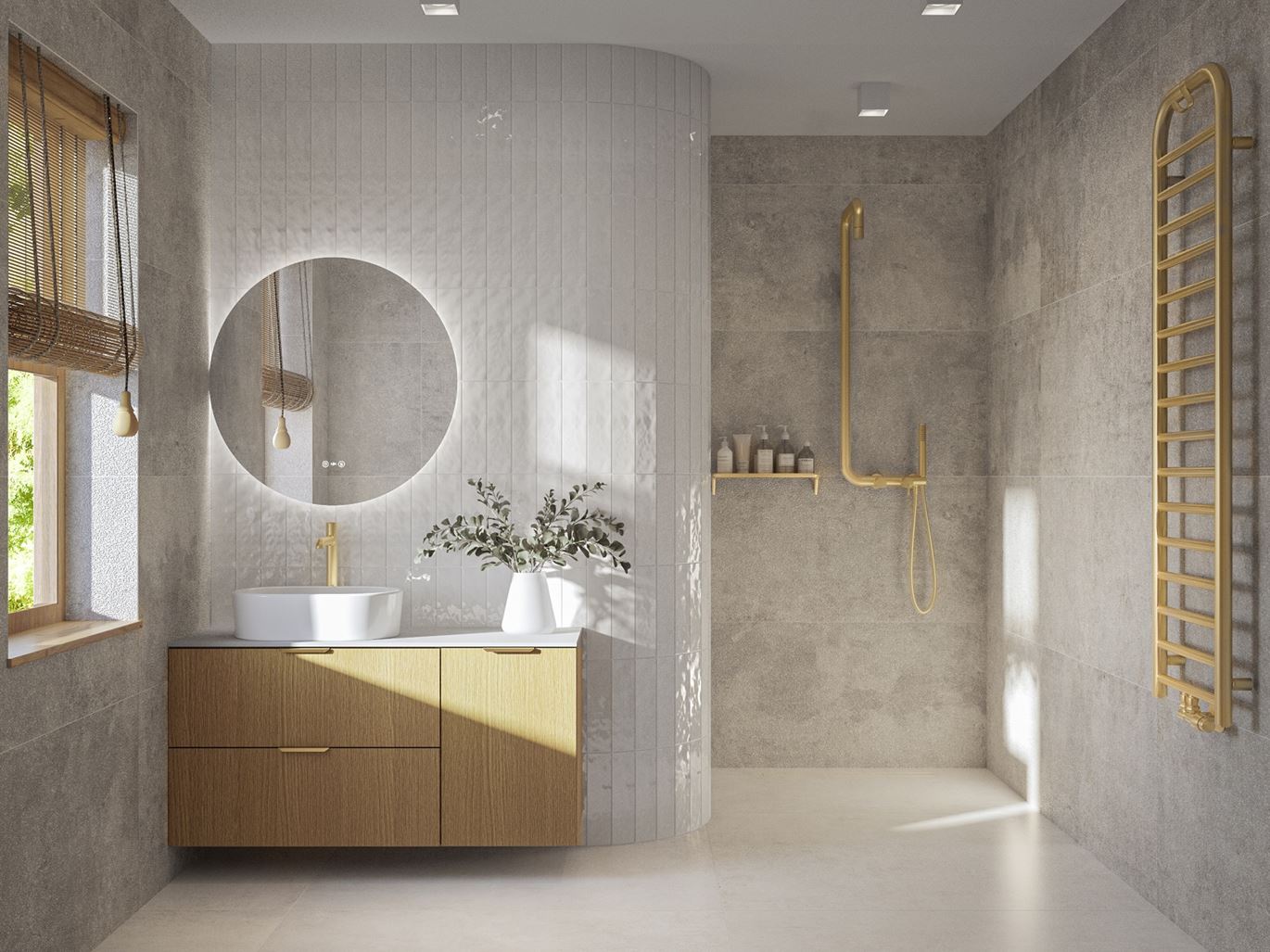 Cegiełki w beżowo-białej łazience - Domni.pl