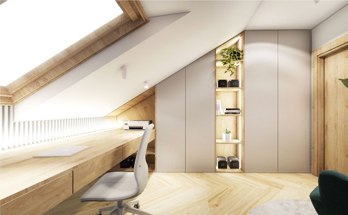 Szaro-drewniana aranżacja biura do pracy - Domni.pl