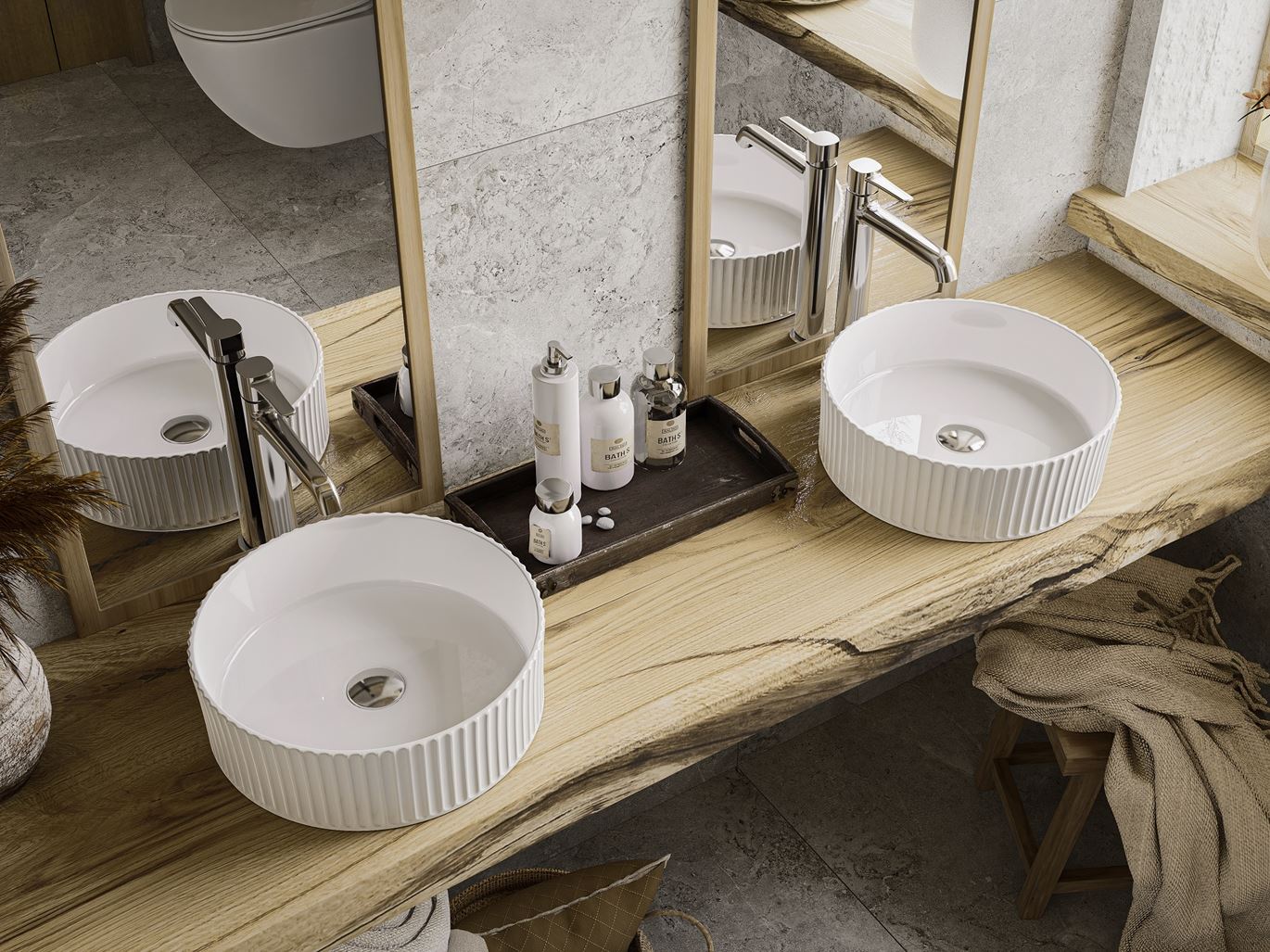 Aranżacja strefy umywalkowej z ryflowaną ceramiką i drewnem - Domni.pl