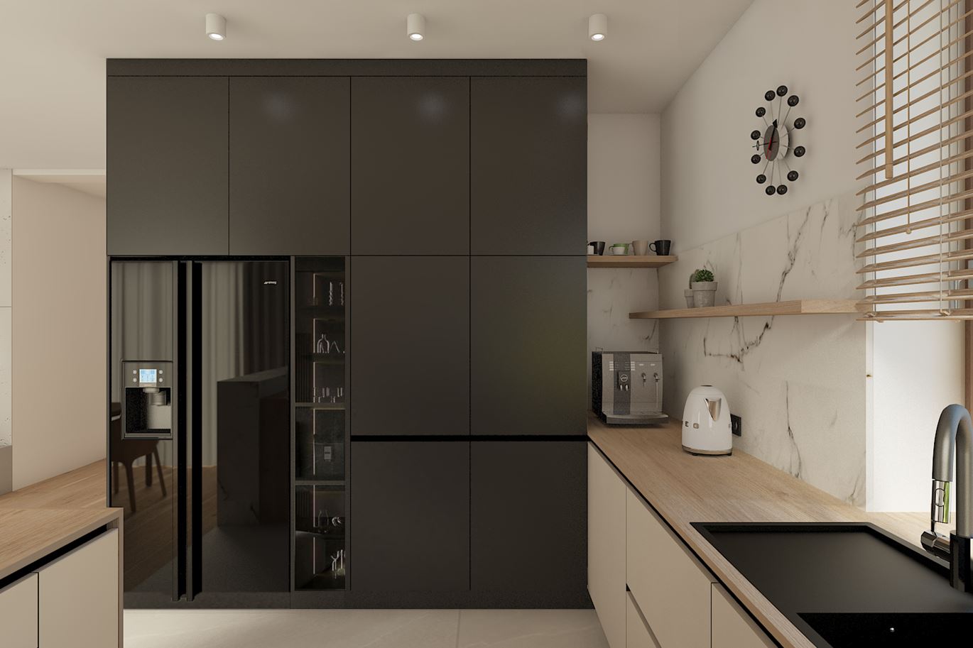 Aranżacja białej kuchni z czarną, wysoką zabudową przy lodówce - Domni.pl
