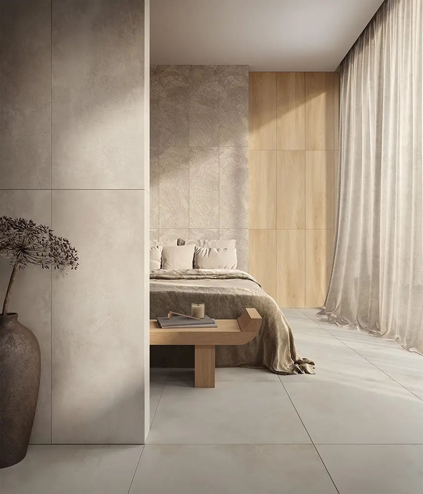 Sypialnia z jasnym kamieniem i drewnem - Domni.pl