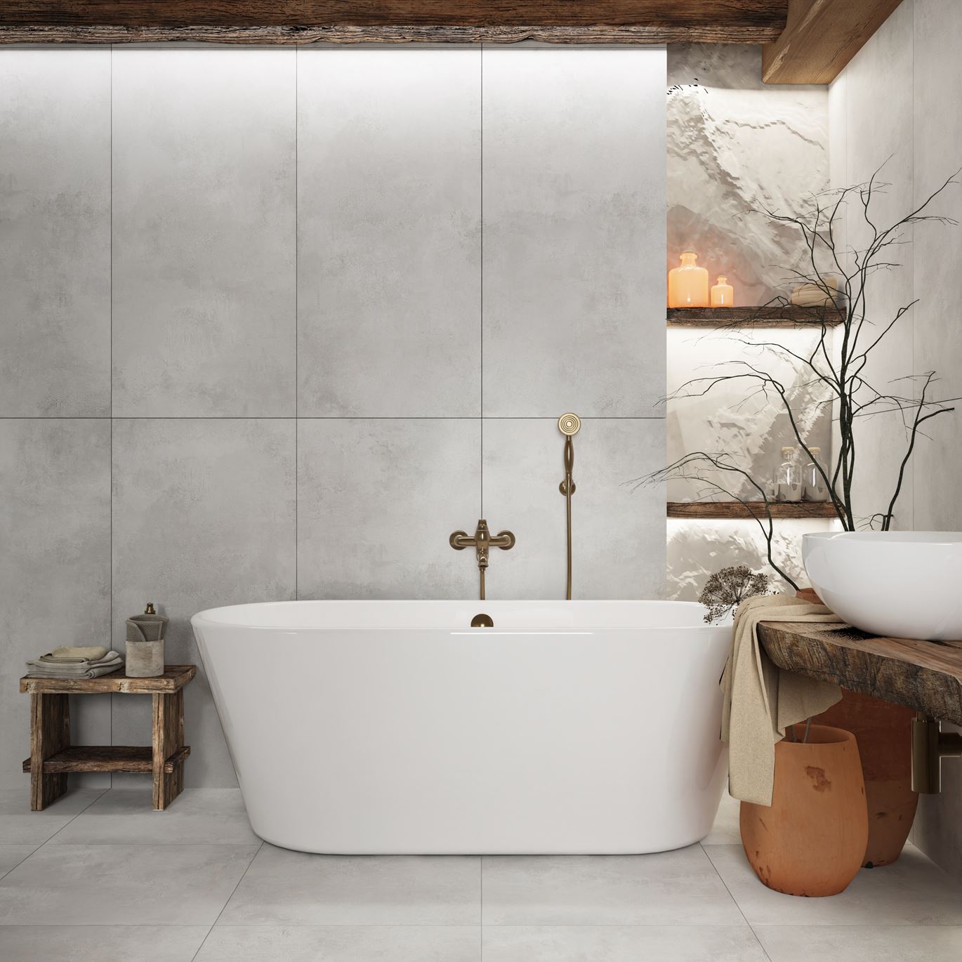 Łazienka wykończona betonem Azario Concrete z wanną wolnostojącą - Domni.pl