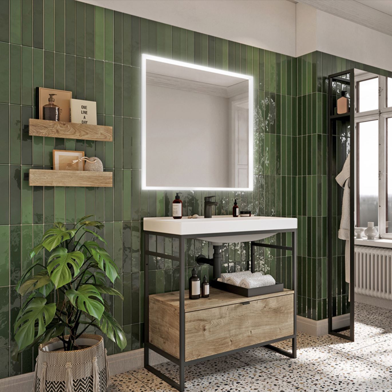 Zielone kafle w nowoczesnej łazience - Domni.pl