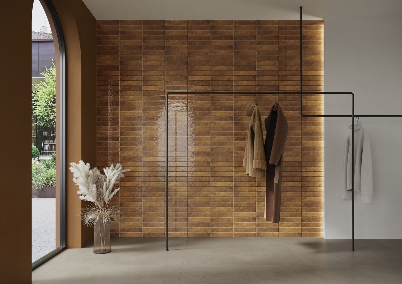 Cegiełki Paradyż Monpelli Ochra na ścianie atelier - Domni.pl