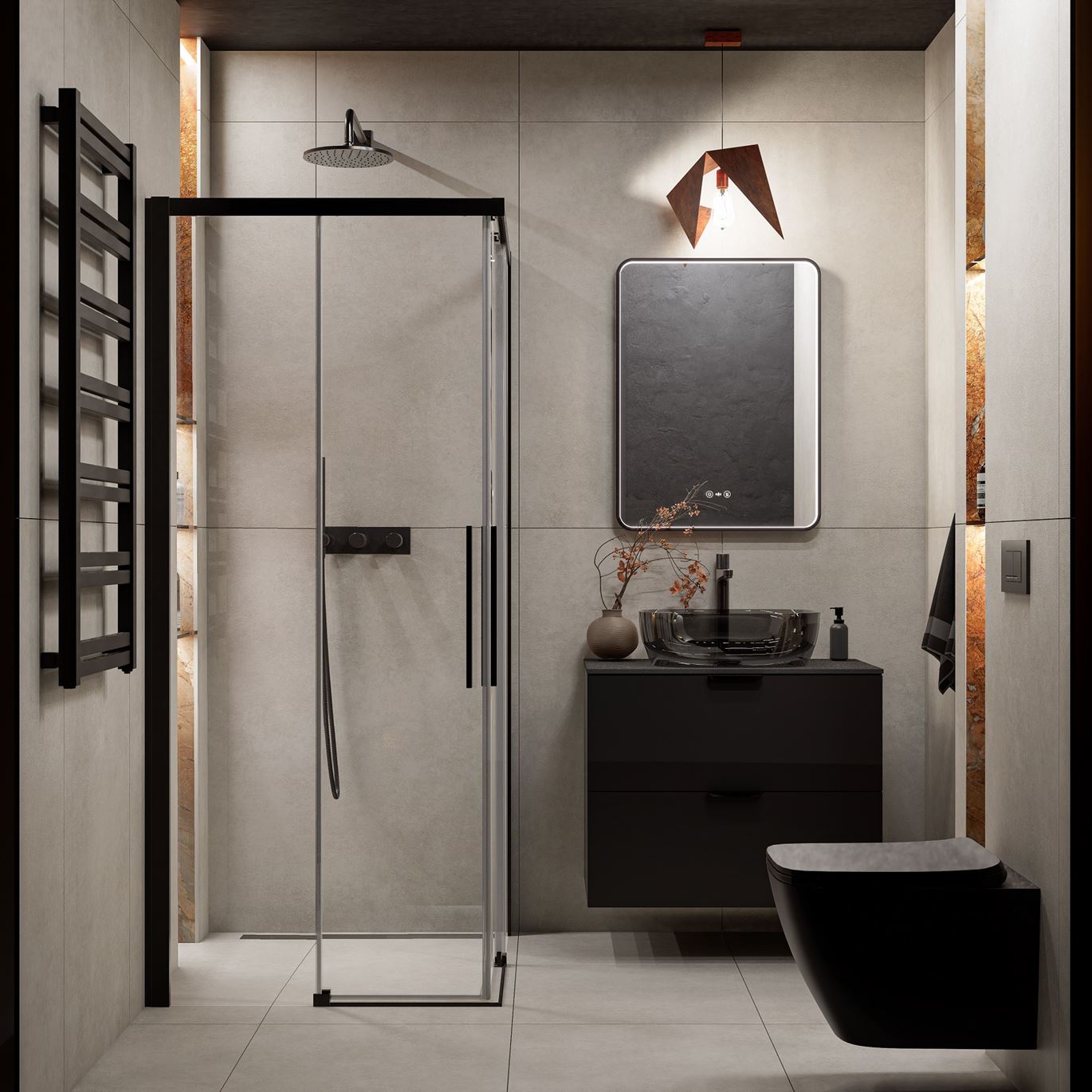 Łazienka z gresem imitującym beton i czernią - Domni.pl