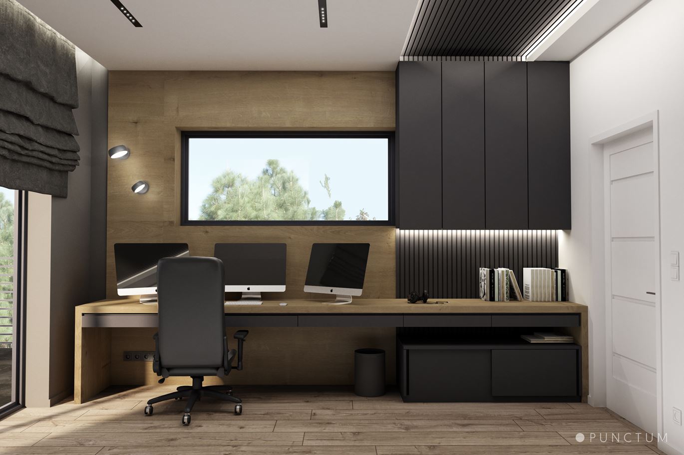 Domowe biuro z drewnem i czernią - Domni.pl