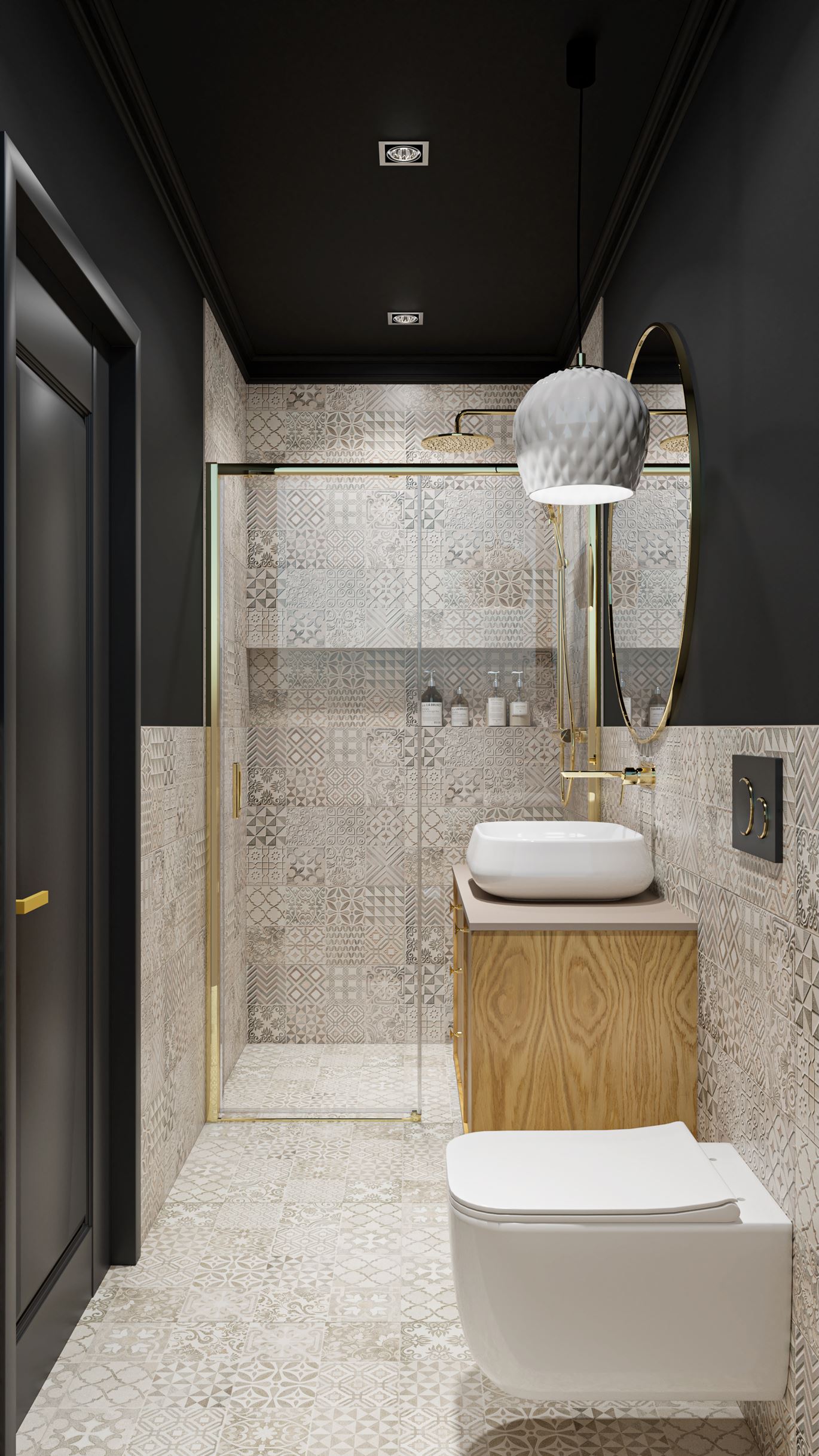 Dekory Tubądzin Sfumato w czarnej łazience - Domni.pl