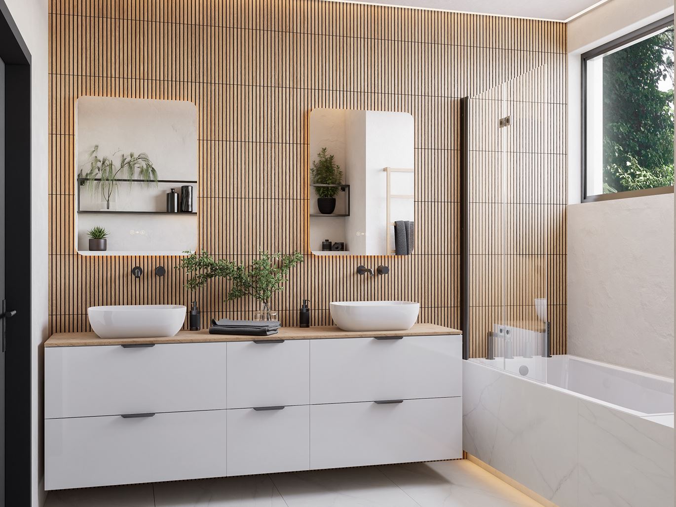 Lamelowa ściana w jasnej łazience - Domni.pl