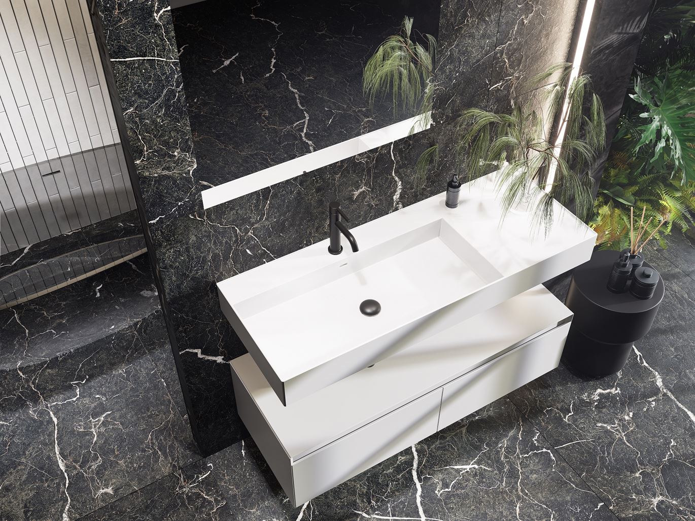 Biała ceramika w czarnej łazience - Domni.pl