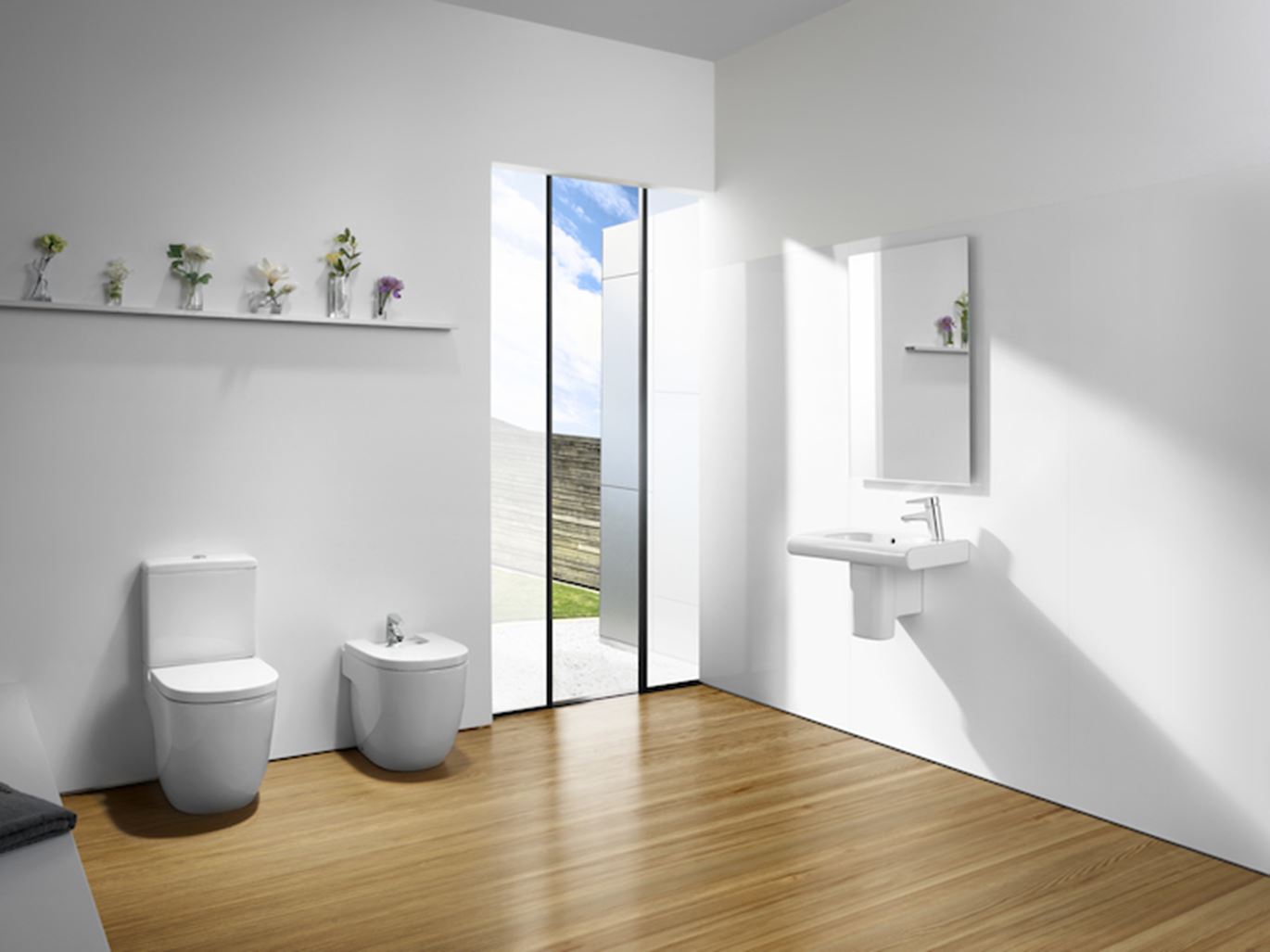 Minimalistyczna łazienka z ceramiką Roca Meridan - Domni.pl