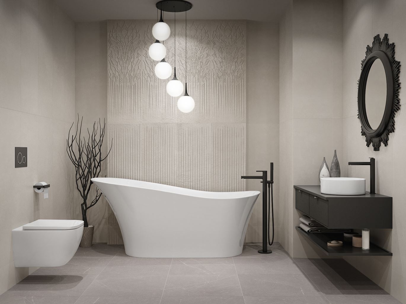 Łazienka z szarą strukturalną ścianą - Domni.pl