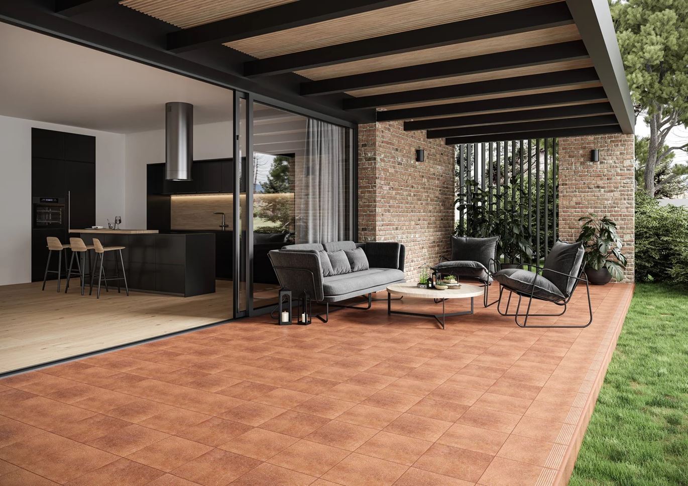 Nowoczesny taras z płytkami Paradyż Taurus Brown - Domni.pl