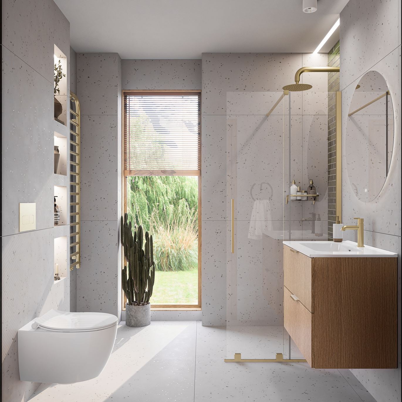 Złote akcenty w nowoczesnej łazience - Domni.pl