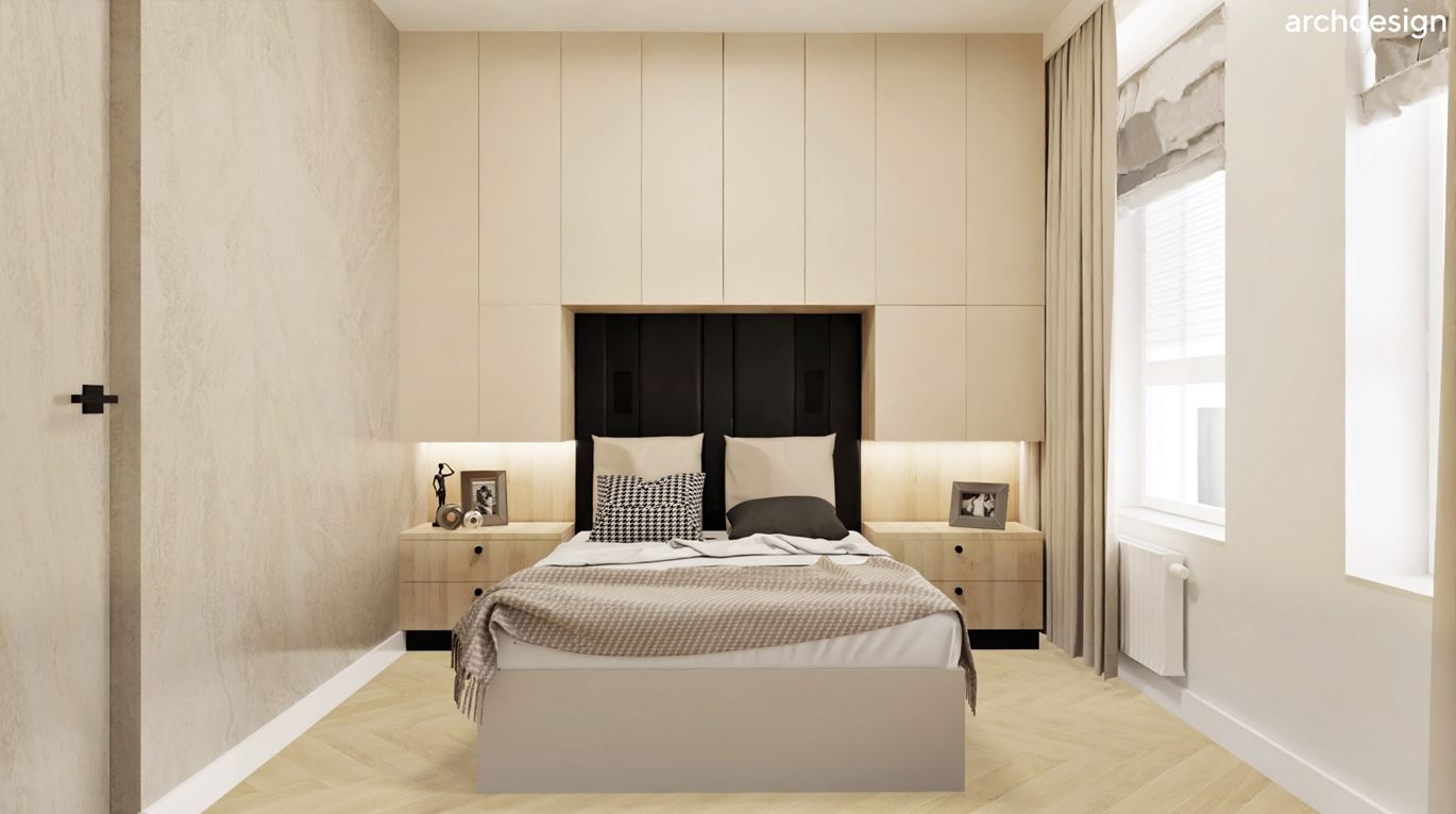 Zabudowa meblowa w jasnej sypialni - Domni.pl