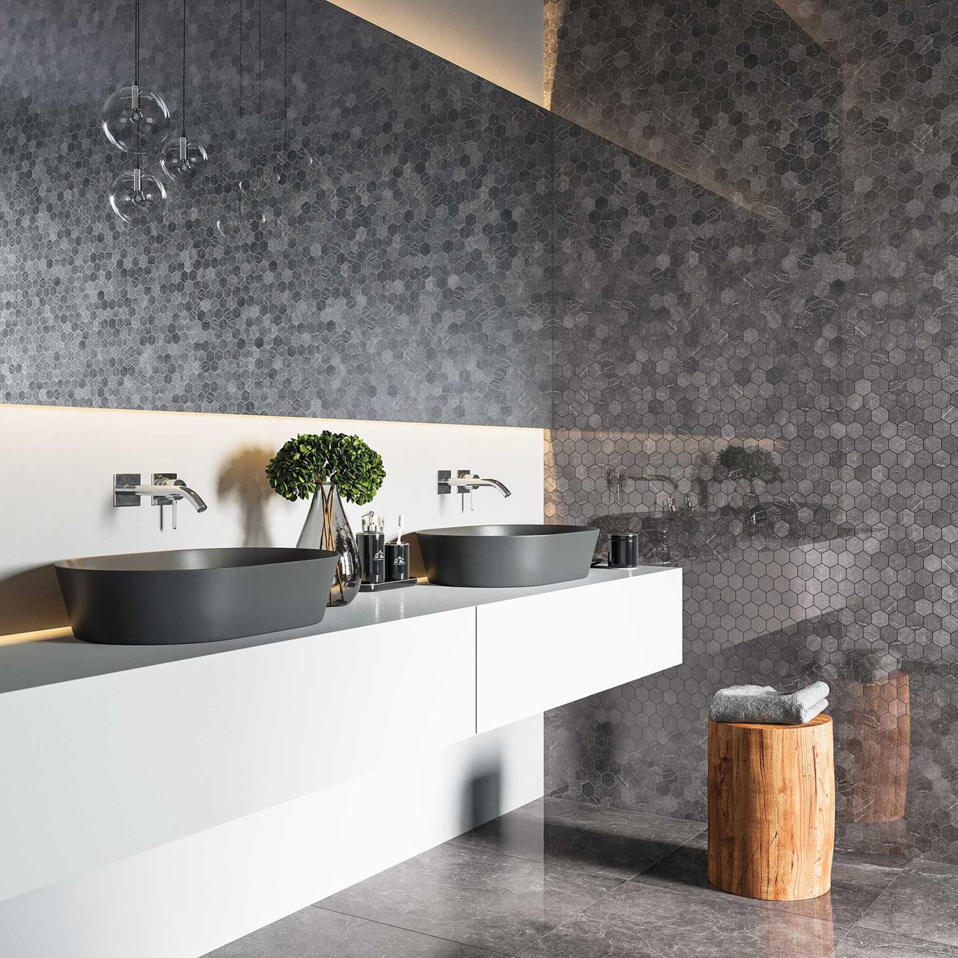 Szara łazienka z mozaiką na ścianach - Domni.pl