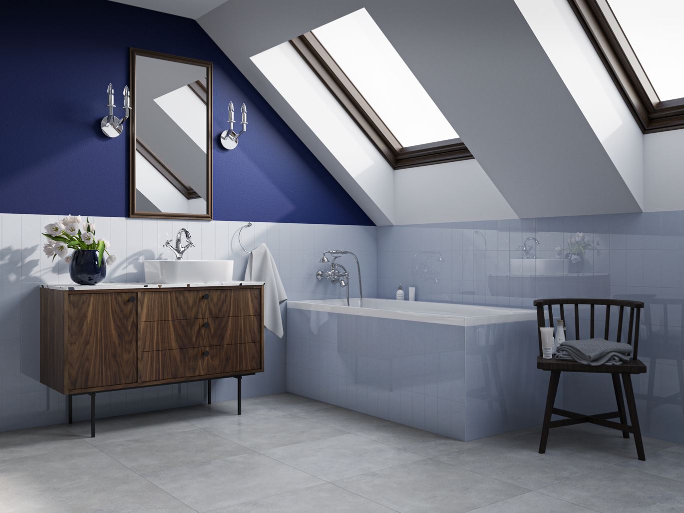 Niebieska łazienka z płytkami Paradyż Neve Creative - Domni.pl