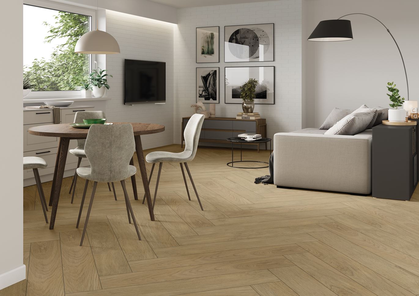 Jadalnia w salonie w stylu skandynawskim - Domni.pl