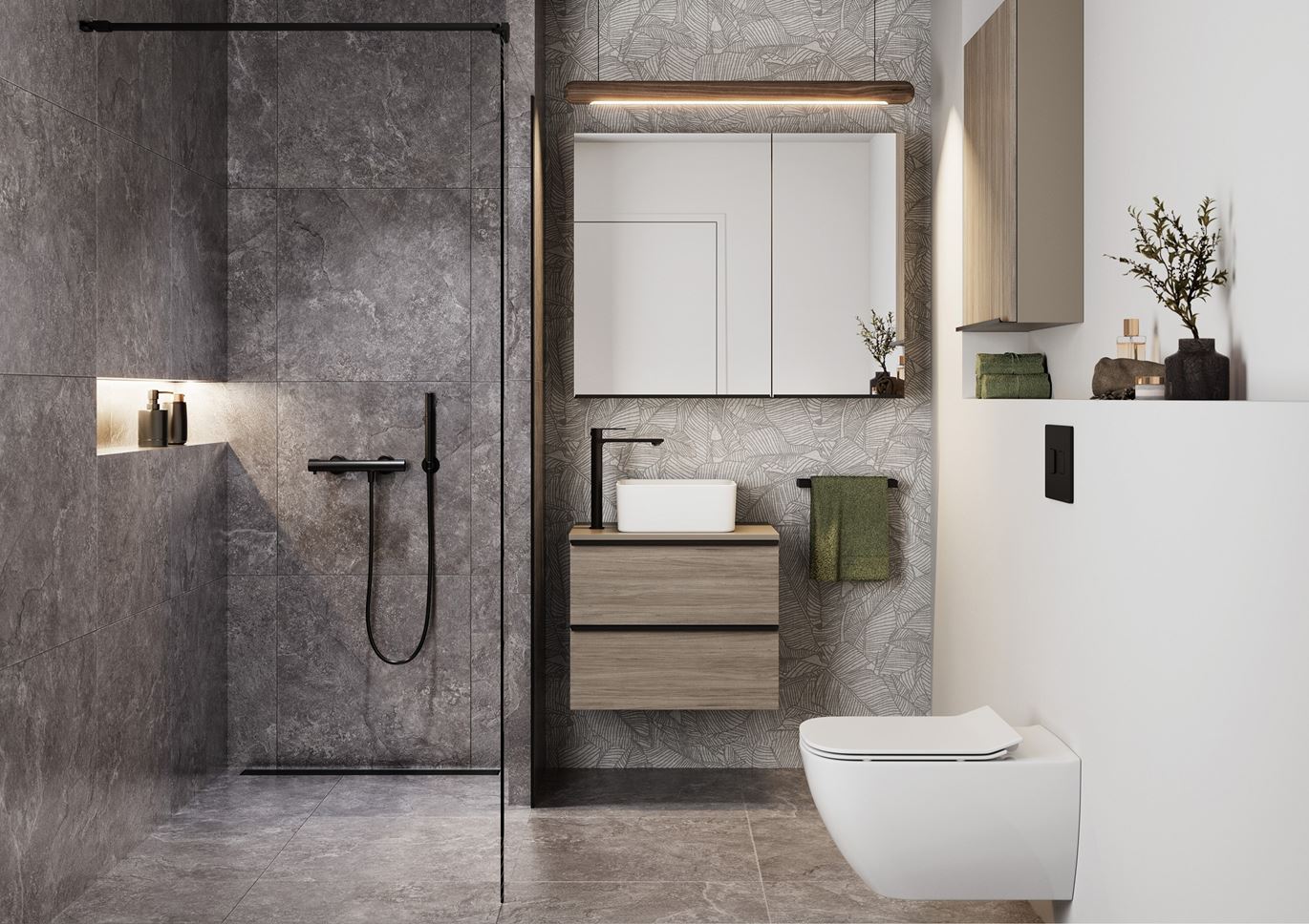 Łazienka z szarym kamień i armaturą Cersanit Virgo - Domni.pl