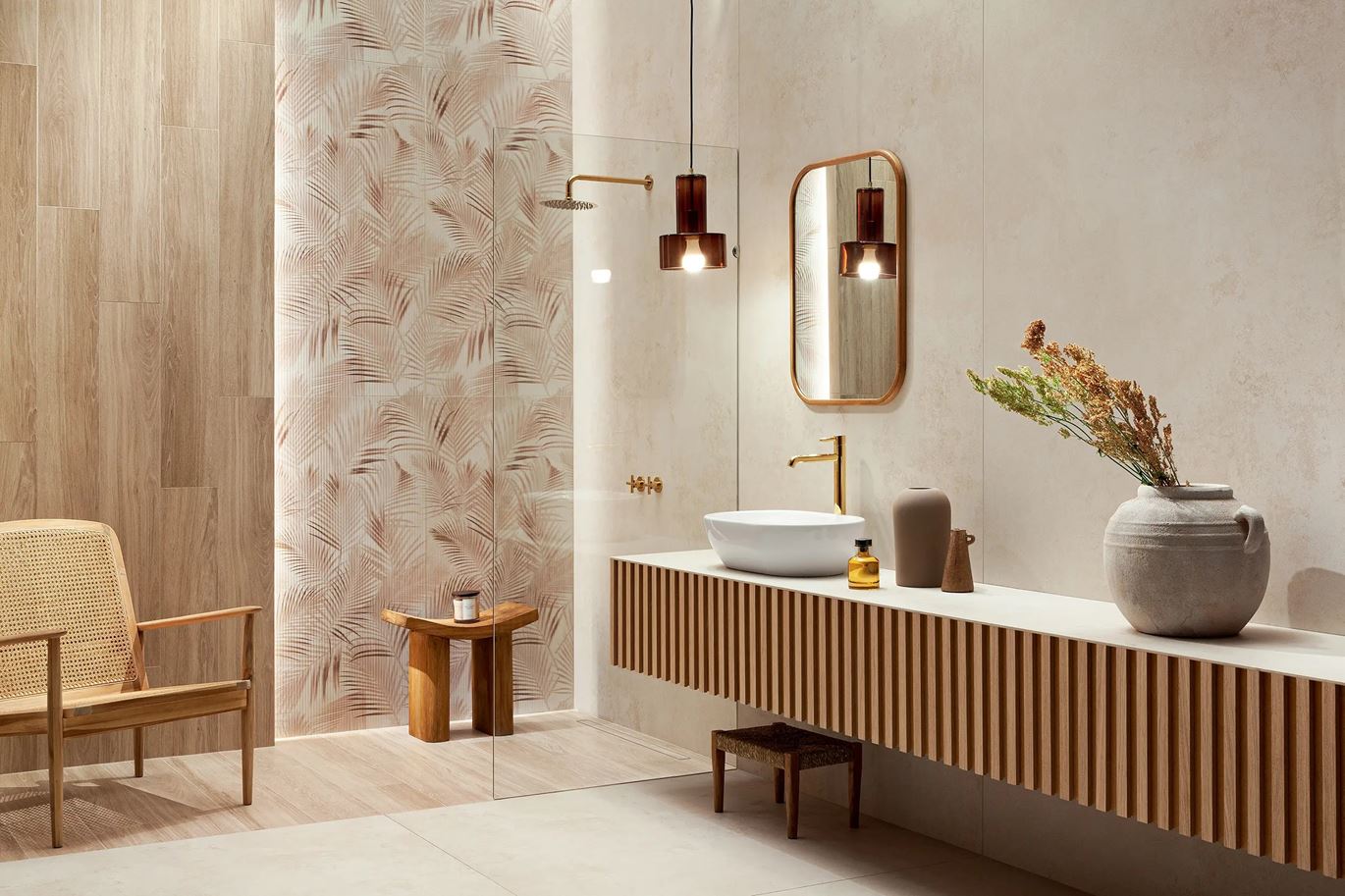 Wielkoformatowa płytka Tubądzin Torano Beige w łazience - Domni.pl