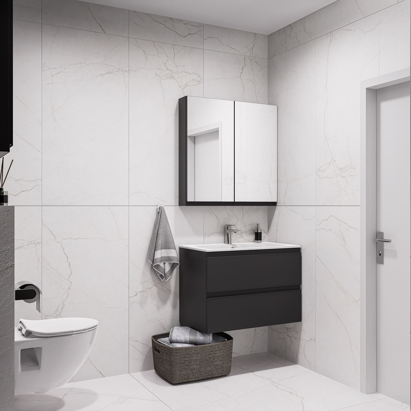 Łazienka z białymi płytkami i antracytową szafką z umywalką - Domni.pl