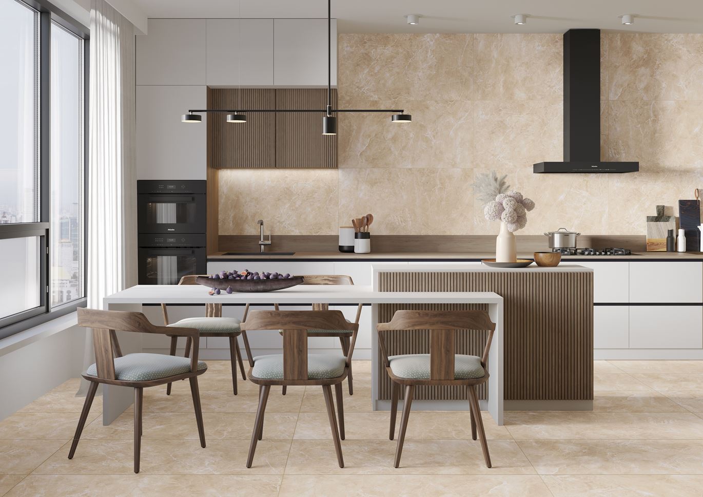 Nowoczesna kuchnia z beżowymi płytkami - Domni.pl