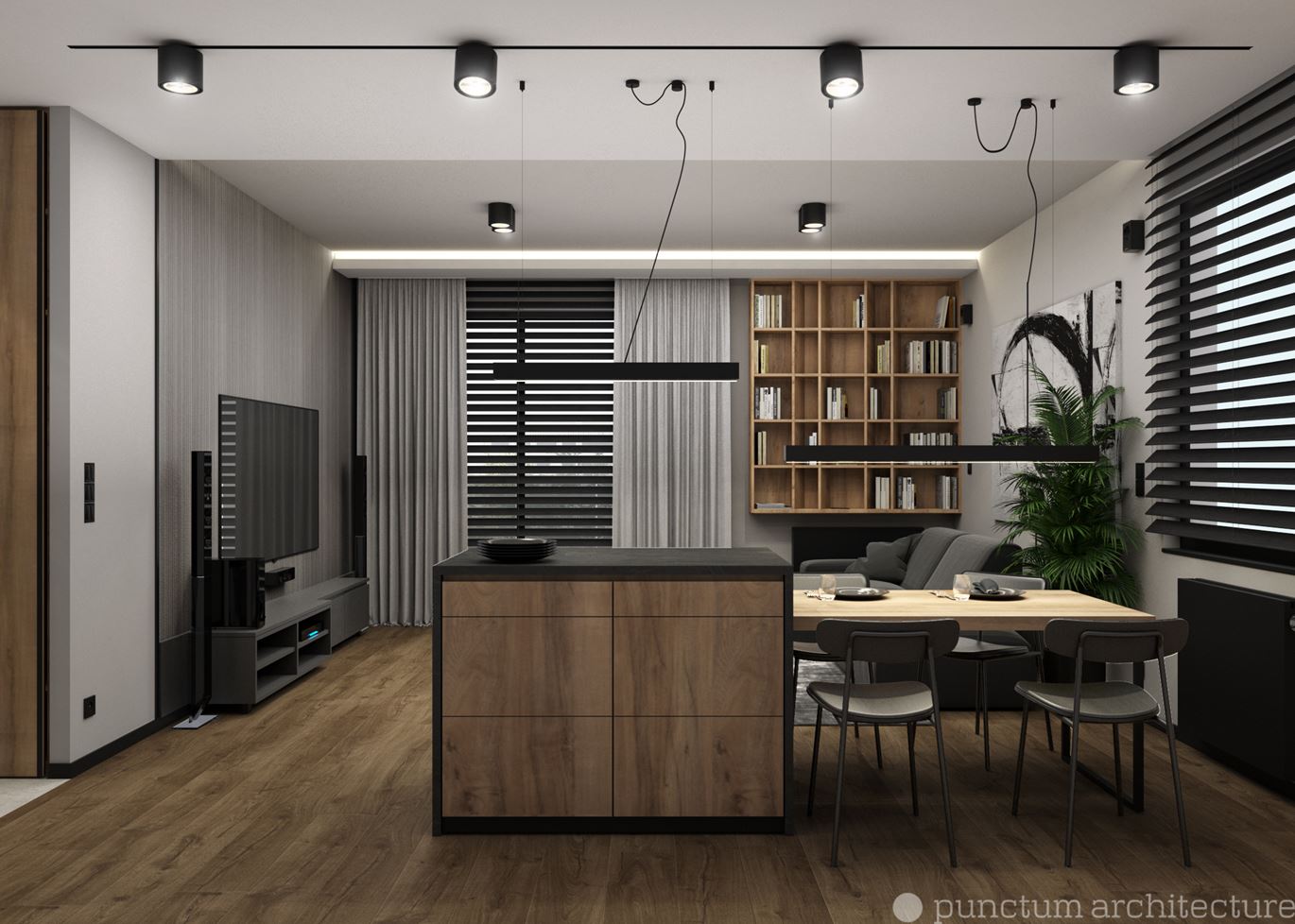 Wyspa z kamieniem i drewnem oraz stołem jadalnym - Domni.pl