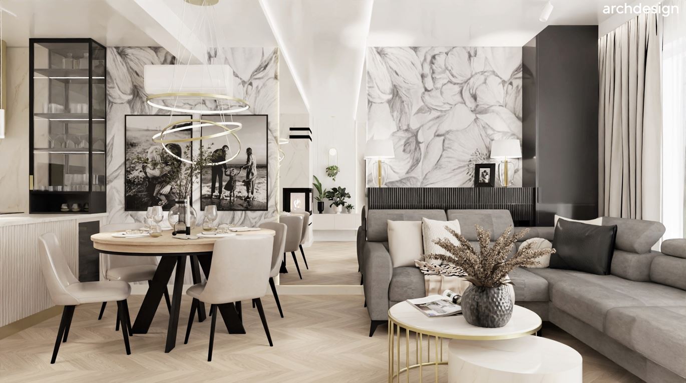 Nowoczesny salon z florystyczną tapetą - Domni.pl