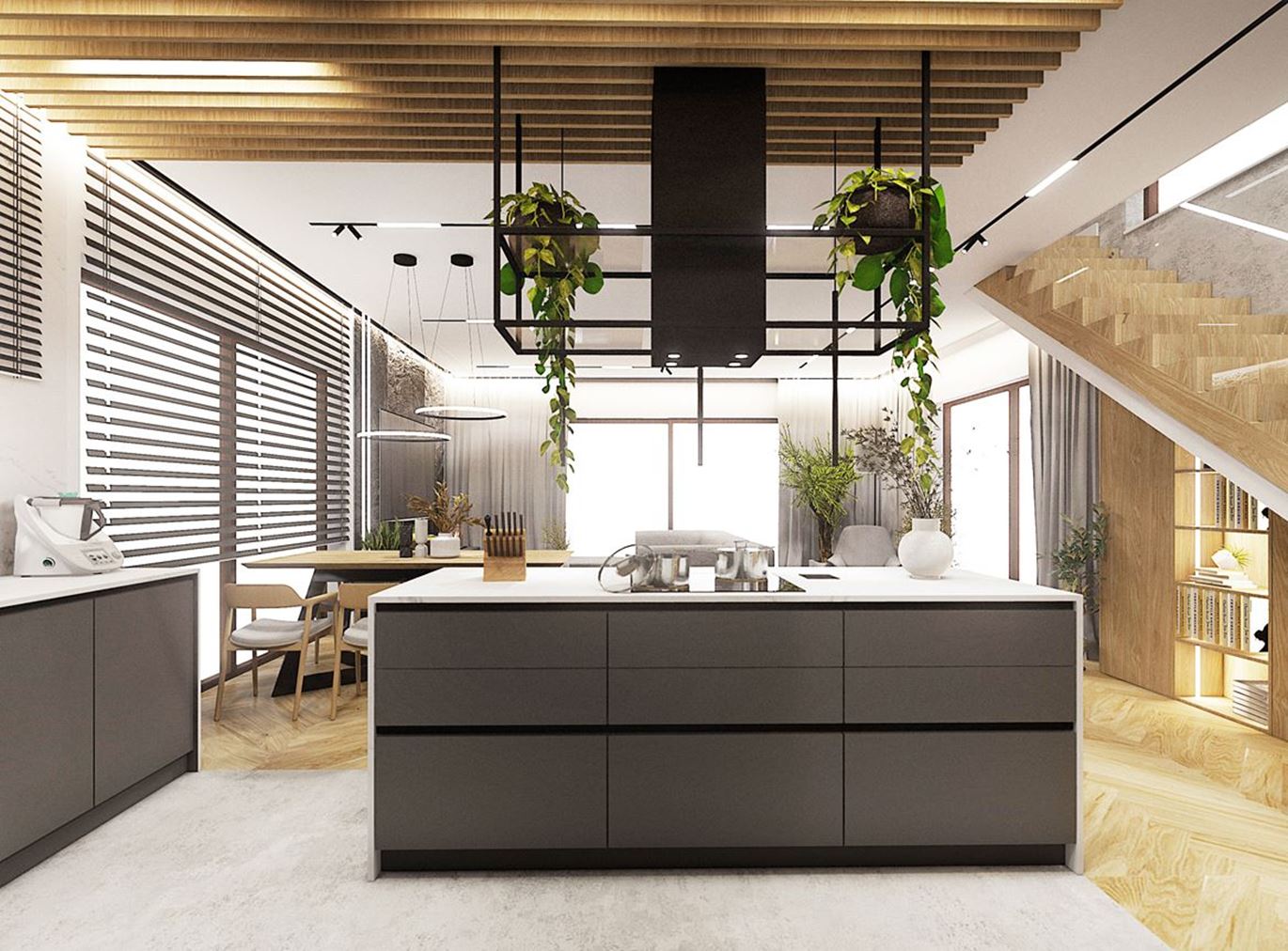 Szary aneks z drewnianymi deskami na sufice - Domni.pl