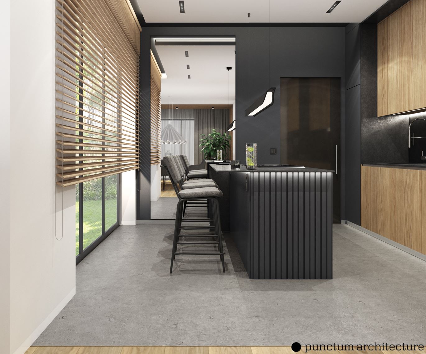 Wyspa z dekoracyjnymi lamelami obok nowoczesnego aneksu - Domni.pl