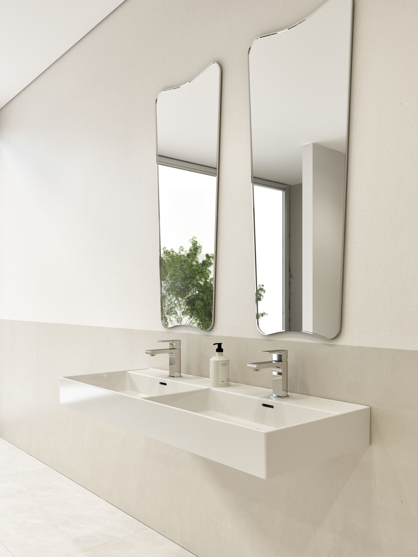 Podwójna umywalka i asymetryczne lustra w łazience - Domni.pl