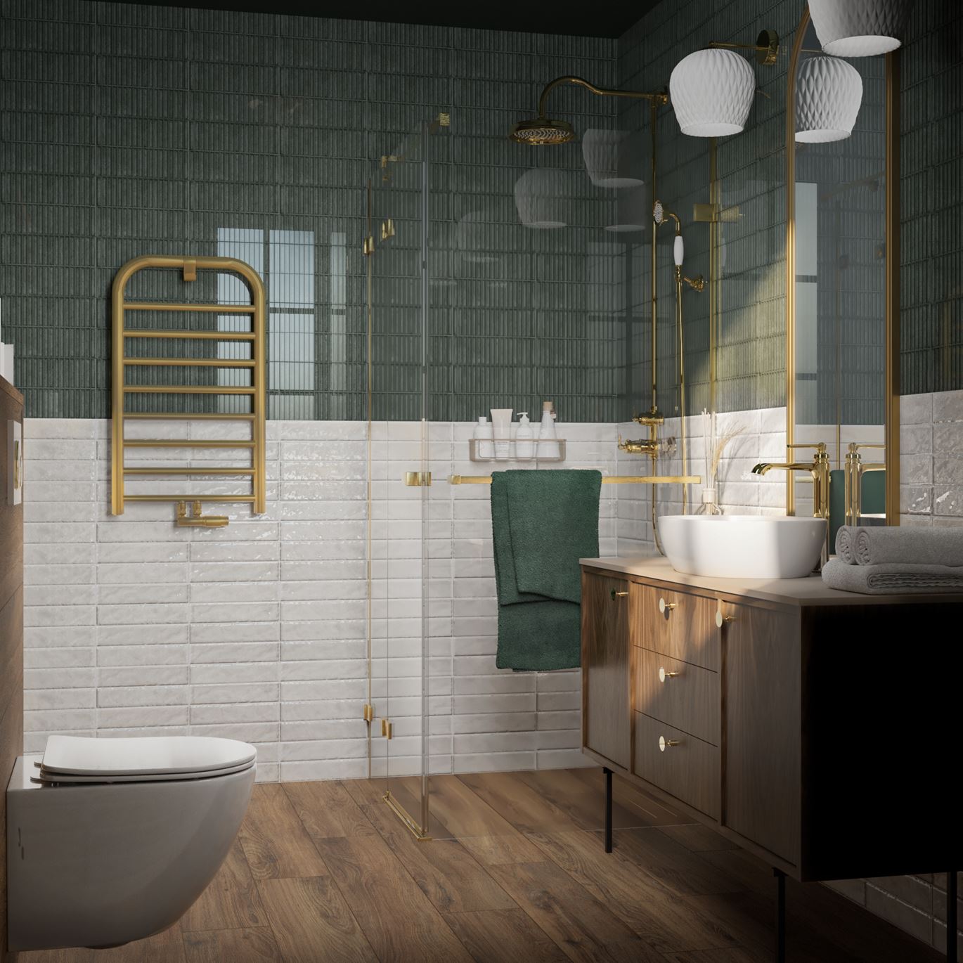 Białe cegiełki i zielona mozaika w łazience - Domni.pl