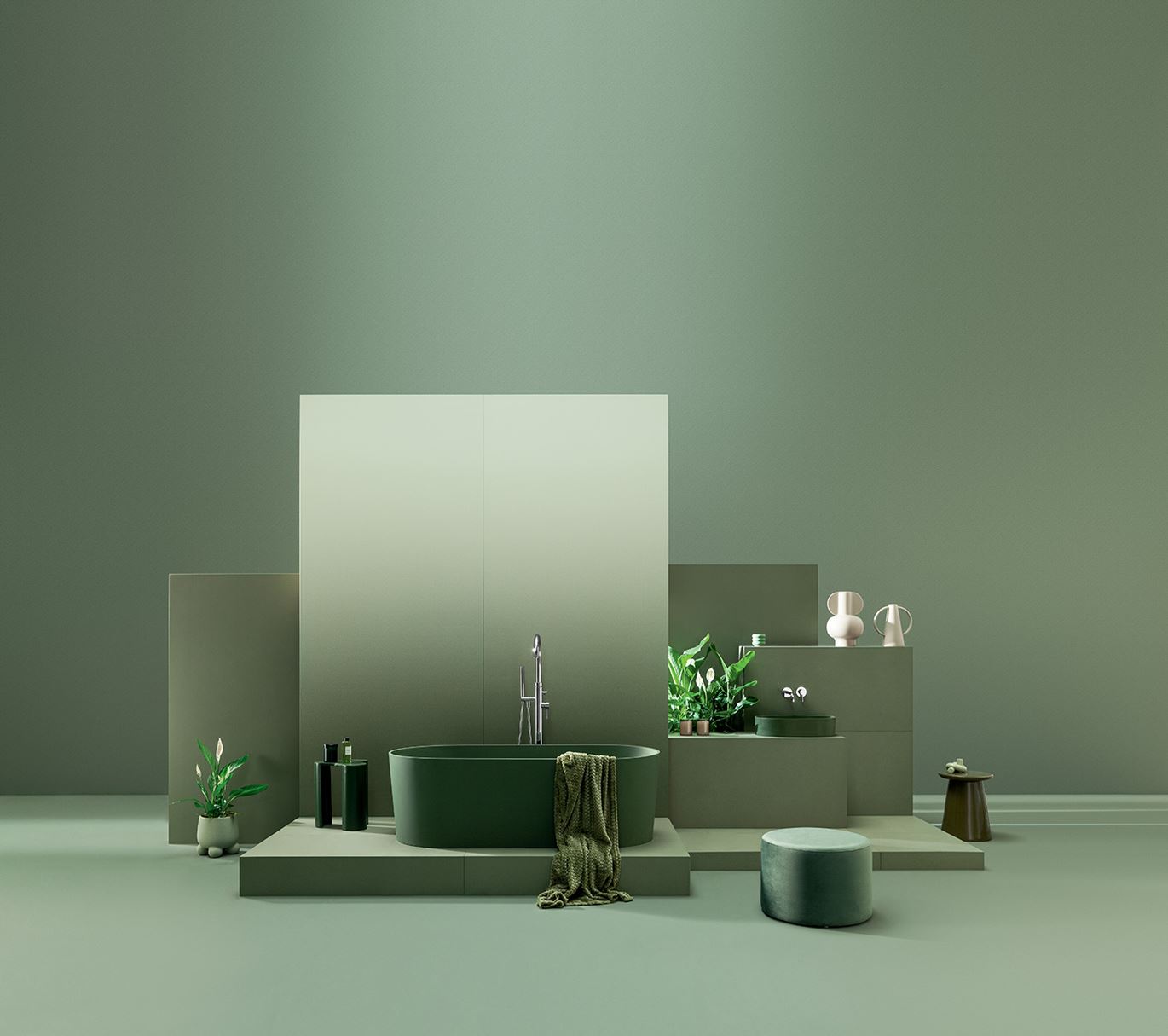 Wolnostojąca wanna w zielonej łazience - Domni.pl