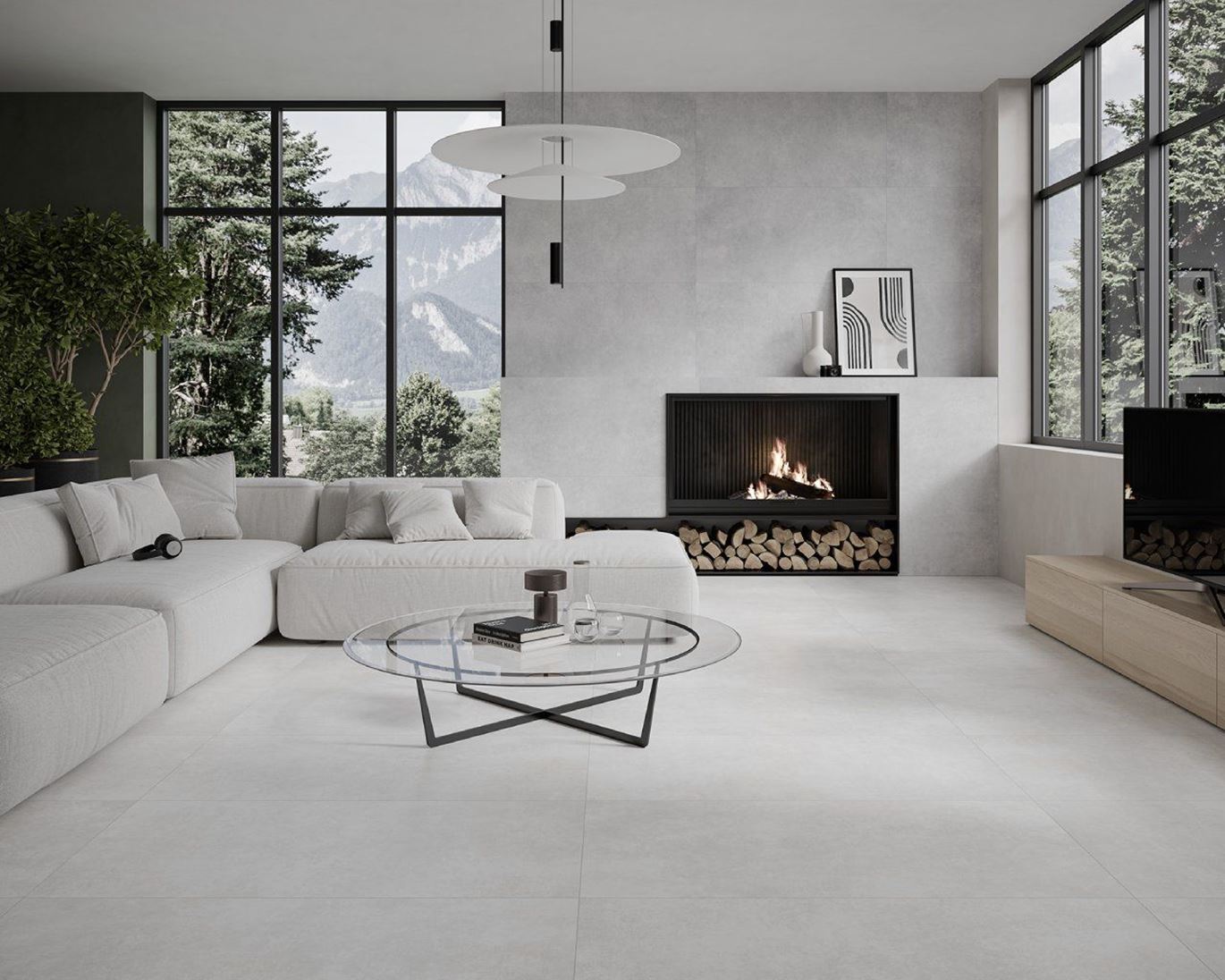 Kominek w jasnoszarym salonie - Domni.pl