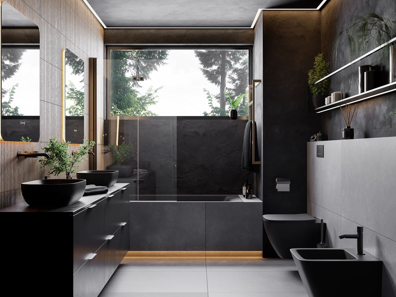 Lamelowy akcent w szarej łazience - Domni.pl