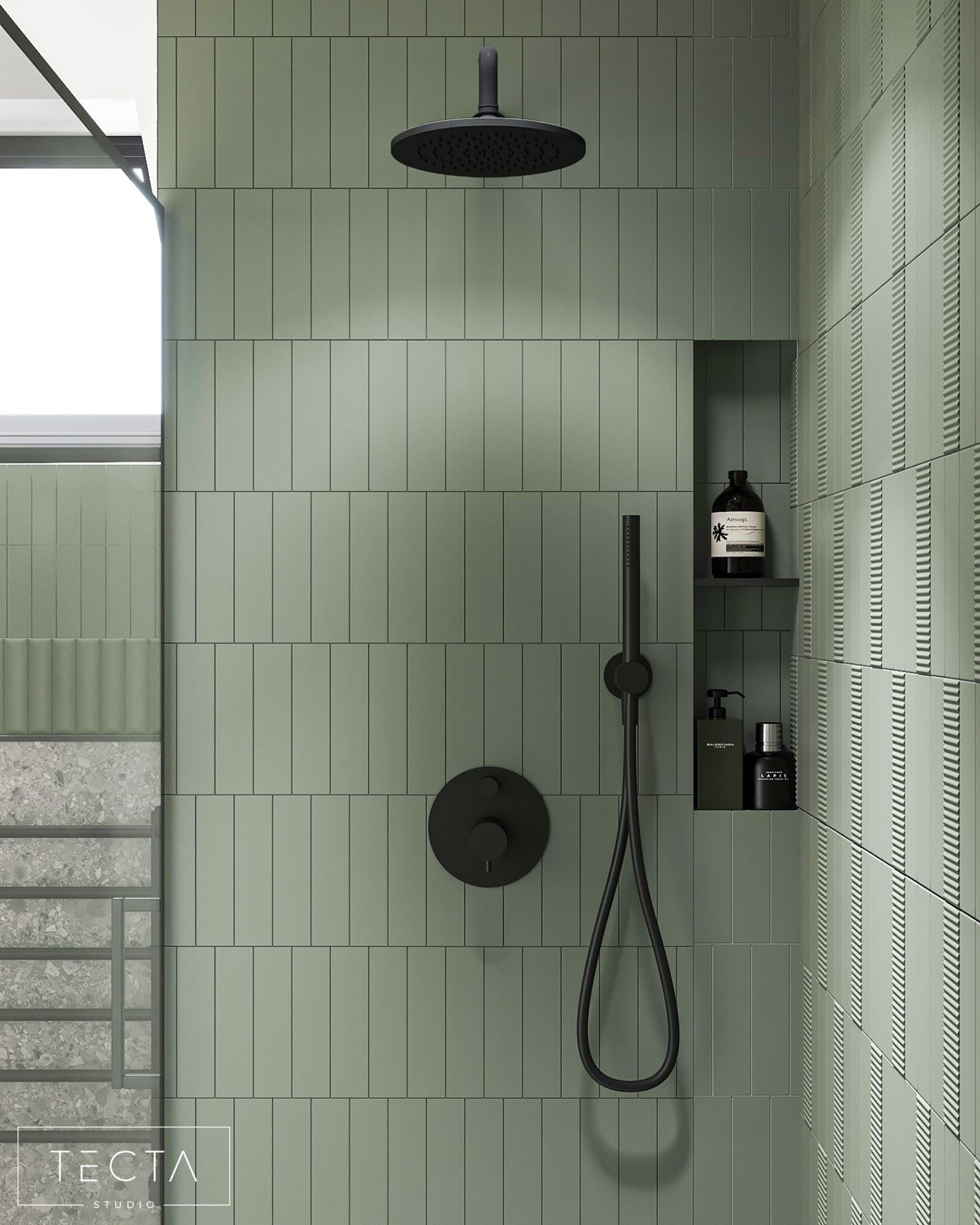 Wnęka prysznicowa wykończona zielonymi płytkami 3d - Domni.pl