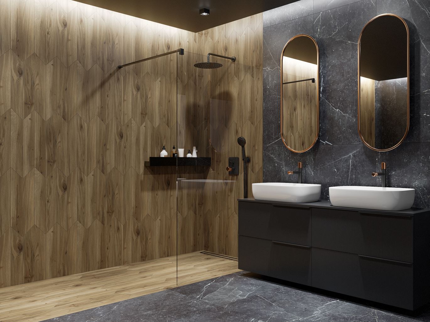 Nowoczesna łazienka z chevronami w strefie prysznica - Domni.pl