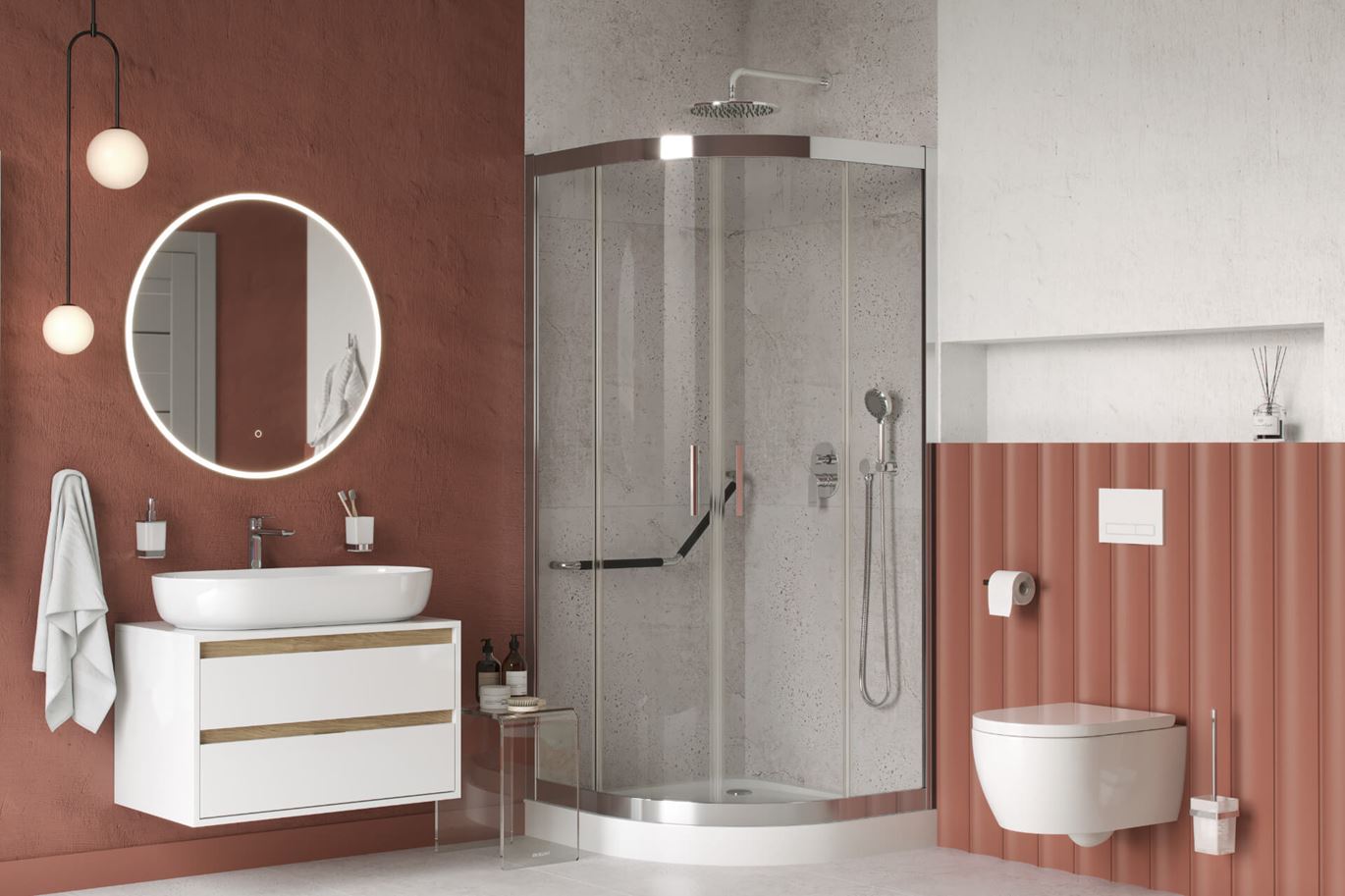 Ceglaste akcenty w szarej łazience - Domni.pl